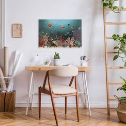 Bilderwelten Leinwandbild Strand Illustration Kunstdruck blau - Farbenfrohes Korallenriff - Unterwasser XXL Wohnzimmer Schlafzimmer
