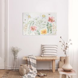 Bilderwelten Leinwandbild Blumen modern Aquarell pastell - Aquarell Blumenwiese mit Bienen - Blumenwiese XXL Wohnzimmer Schlafzimmer