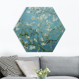 Bilderwelten Alu-Dibond Bild Hexagon Blumen blau modern - Vincent van Gogh - Mandelbl&uuml;te - B&auml;ume Wohnzimmer Schlafzimmer