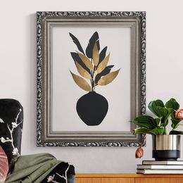 Bilderwelten Leinwandbild mit Barockrahmen Grafische Pflanzenwelt - Gold und Schwarz