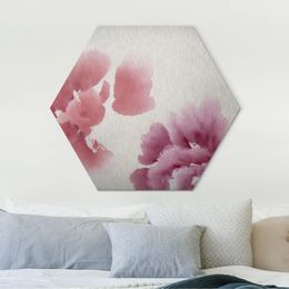 Bilderwelten Alu-Dibond Bild Hexagon Blumen beige Abstrakt - K&uuml;nstlerische Flora II - Deko Wohnzimmer Schlafzimmer
