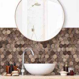 Bilderwelten Wandverkleidung Bad modern Holzoptik braun - Holz Hexagone Muster Eiseiche - wasserfest Wandpaneel statt Fliesen