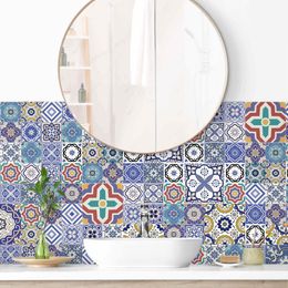 Wasserfeste Wandverkleidung Bad - Fliesenspiegel Portugiesisch - Wandpaneel statt Fliesen Geometrisch Illustration Fliesenoptik blau