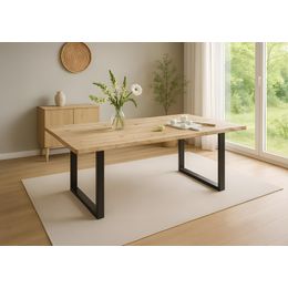 Esstisch Baumkante 120 x 80 cm Akazie massiv Natur lackiert U-Gestell schwarz HARLEY