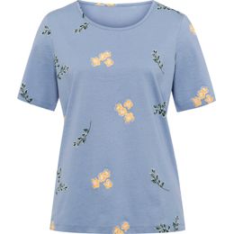 Damen Kurzarmshirt mit Bl&uuml;ten- und Bl&auml;tter-Print bleu-wei&szlig;-bedruckt, Gr&ouml;&szlig;e 44