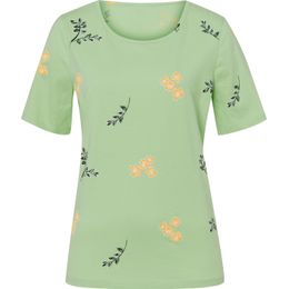Damen Kurzarmshirt mit Bl&uuml;ten- und Bl&auml;tter-Print reseda-wei&szlig;-bedruckt, Gr&ouml;&szlig;e 40