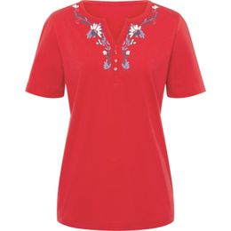 Damen Kurzarmshirt mit platziertem Floral-Print rot-ecru, Gr&ouml;&szlig;e 48