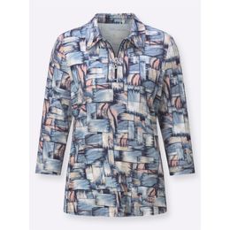 WITT Damen Poloshirt mit Glitzersteinchen am Kragen, hortensie-taubenblau-bedruckt, Gr&ouml;&szlig;e 38