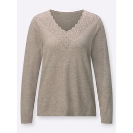 WITT Damen V-Ausschnitt-Pullover mit gewellten Kanten, sesam-meliert, Gr&ouml;&szlig;e 46