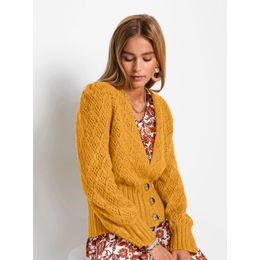 WITT Damen Ajourstrickjacke mit breiten Rippenb&uuml;ndchen, ocker, Gr&ouml;&szlig;e 38