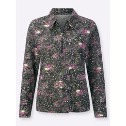 WITT Damen Langarm-Poloshirt in hautsympathischem Single-Jersey, schwarz-violett-bedruckt, Gr&ouml;&szlig;e 38