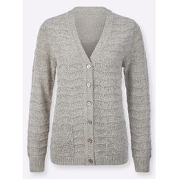 WITT Damen Strickjacke mit Ajourmuster vorne, hellgrau-meliert, Gr&ouml;&szlig;e 40