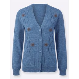 WITT Damen Strickjacke mit Stickerei und Zierperlen, mittelblau-meliert, Gr&ouml;&szlig;e 40