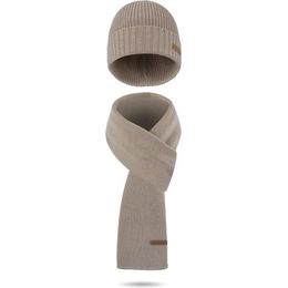 Normani Winterset aus Merinowolle Schal und Mütze glatt Yuma in Beige | Gr.: onesize