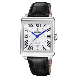 Festina Herren-Armbanduhr Rechteckig mit Lederband Silber / Schwarz | Gr.: onesize