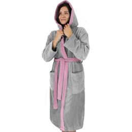 Normani Damen Baumwoll-Bademantel mit Frottee, zweifarbig - OEKO-TEX 100 in Grau/Rosa | Gr.: S