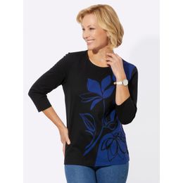 WITT Damen Rundhalsshirt mit Blumen-Dessin, schwarz-royalblau-bedruckt, Gr&ouml;&szlig;e 38