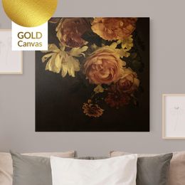 Leinwandbild Gold Rosa Blumen auf Schwarz Vintage - Wandbilder XXL Print Vintage Blumen Floral Landhausstil Wohnzimmer Schlafzimmer Bad Badezimmer