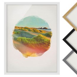Bilderwelten Bild mit Rahmen - Hochformat Wasserfarben - D&uuml;nen und Gr&auml;ser am Meer
