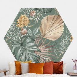 Bilderwelten Hexagon Tapete Vliestapete Tropisch Aquarell rosa - Gro&szlig;e Bl&auml;tter mit Rosen vor Gr&uuml;n - Pflanzen Wohnzimmer Schlafzimmer
