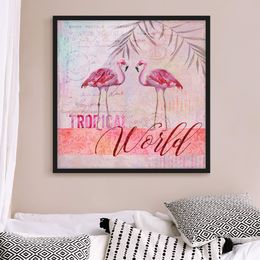 Bilderwelten Bild mit Rahmen Vintage Collage - Tropical World Flamingos