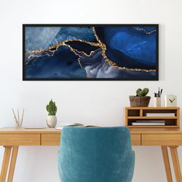 Bilderwelten Bild mit Rahmen Goldene Glitzer Wellen vor Blau