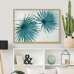 Bilderwelten Bild mit Rahmen originell blau Tropisch Aquarell - Tropische Palmenbl&auml;tter Close-Up - Pflanzen Wohnzimmer Schlafzimmer