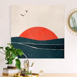 Bilderwelten Leinwandbild Meer vor rotem Sonnenuntergang