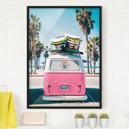 Bilderwelten Bild mit Rahmen Rosa Bulli mit Surfboards