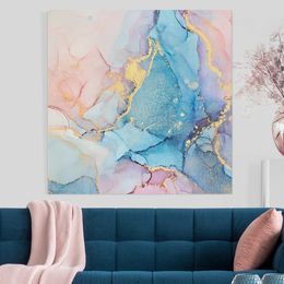 Bilderwelten Leinwandbild originell modern Aquarell pastell - Aquarell Pastell Bunt mit Gold - Wandbild XXL Wohnzimmer Schlafzimmer