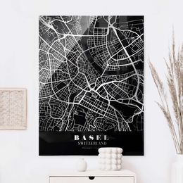 Bilderwelten Glasbild Spr&uuml;che Illustration schwarz weiss Glas Wandbild - Stadtplan Basel - Klassik Schwarz - Karten Wohnzimmer Schlafzimmer