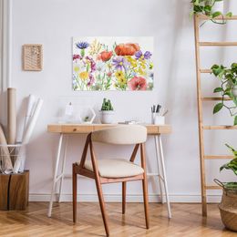 Bilderwelten Leinwandbild Blumen Illustration Aquarell bunt - Aquarellierte Blumen - Blumenwiese XXL Wohnzimmer Schlafzimmer