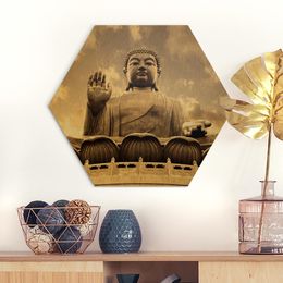 Bilderwelten Hexagon-Alu-Dibond Bild Gro&szlig;er Buddha Sepia