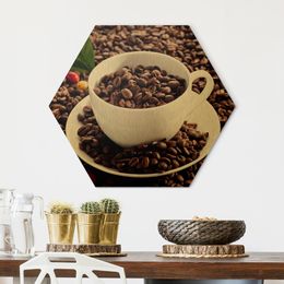 Bilderwelten Hexagon-Alu-Dibond Bild Kaffeetasse mit ger&ouml;steten Kaffeebohnen
