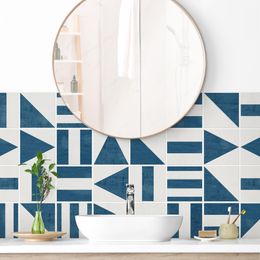 Wasserfeste Wandverkleidung Bad - Fliesen mit geometrischen Blau Shabby - Wandpaneel statt Fliesen Geometrisch Abstrakt Fliesenoptik blau