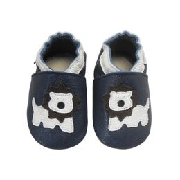 Bemesu Dunkelblaue Baby Leder Krabbelschuhe, mit rutschfester Sohle &ndash; Mops-Muster | Gr.: 20/21