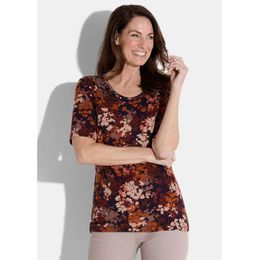 GOLDNER Kurzgr&ouml;&szlig;e: Herbstshirt mit Bl&auml;tterdesign in marine / bordeaux / gemustert | Gr.: 20