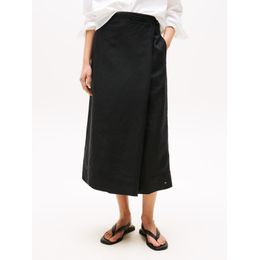 Tommy Hilfiger Damen Wickelrock "ESS LINEN KNEE WRAP SKIRT", schwarz, Gr. 44, unifarben, Web, Obermaterial: 76% Leinen, 24% Lyocell, Röcke, mit Leinen