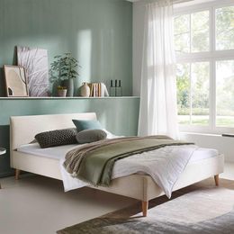 Pharao24.de 140x200 Polsterbett in Beige und Eichefarben Cord Stoff und Holz