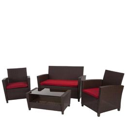 Pharao24.de Gartenmöbel Set mit Tisch in Dunkelbraun und Rot Polsterauflage (vierteilig)