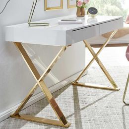 Pharao24.de Schreibtisch Home Office in Weiß Hochglanz Goldfarben