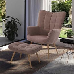 Pharao24.de Polstersessel und Hocker in Beige Stoff Skandi Design (zweiteilig)