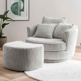 Pharao24.de Lesesessel mit Hocker Hellgrau im Retrostil 120 cm breit (zweiteilig)