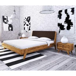 Pharao24.de Schlafzimmer Bett aus Wildeiche Massivholz Retro Design (dreiteilig)