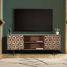 Pharao24.de TV Lowboard Fernsehtisch in Mangoholz Naturfarben mit geometrischem Muster