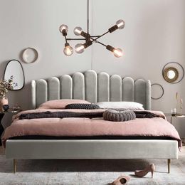 Pharao24.de Samt Polsterbett in Beige Metallgestell Goldfarben
