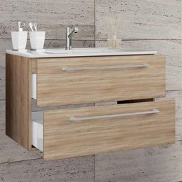 Pharao24.de Waschtisch Sonoma Eiche Holzoptik mit zwei Schubladen die Wandmontage