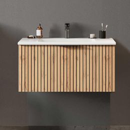 Pharao24.de Moderner Waschtischschrank in Wildeichefarben einem Einlasswaschbecken