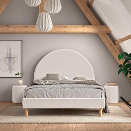 Pharao24.de Niedriges Bettgestell im Skandi Design Boucle Stoff und Holz