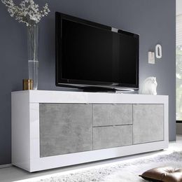Pharao24.de Fernseh Lowboard in Weiß und Beton Grau zwei Türen und Schubladen